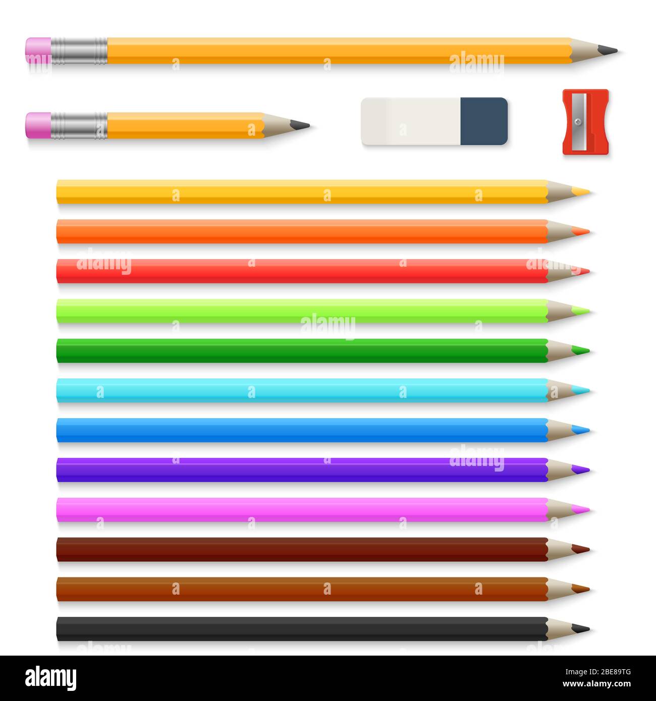 Colored pencils, eraser and sharpener isolated on white vector set ...
