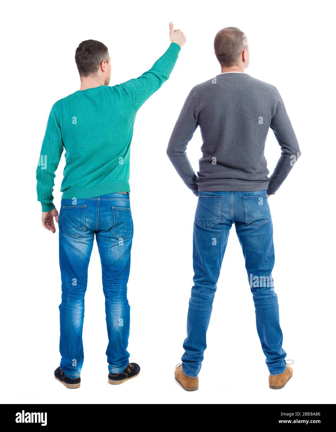 Back view two man in sweater showing thumb up. Rear view people ...
