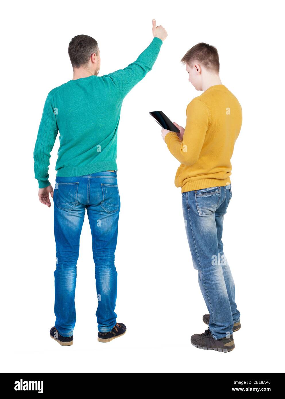 Back view of two man in sweater with mobile phone. Rear view people ...