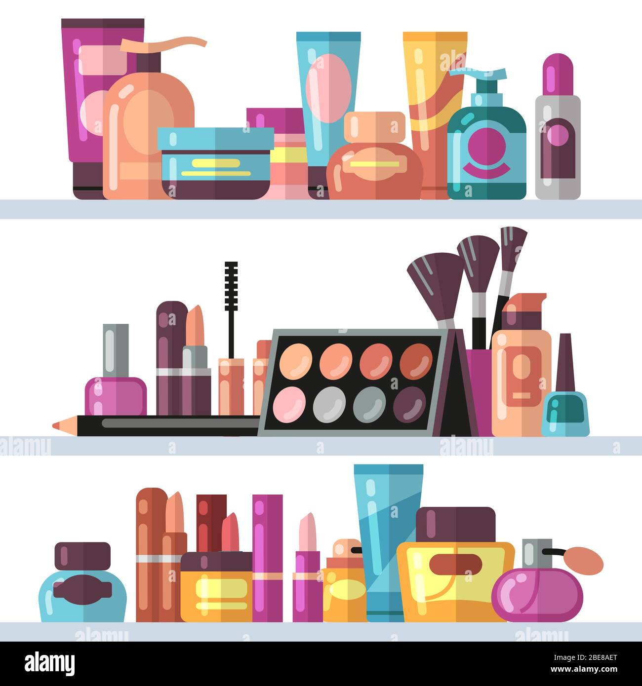 Cosmetic bottles on store shelves. Woman beauty and care vector concept ...