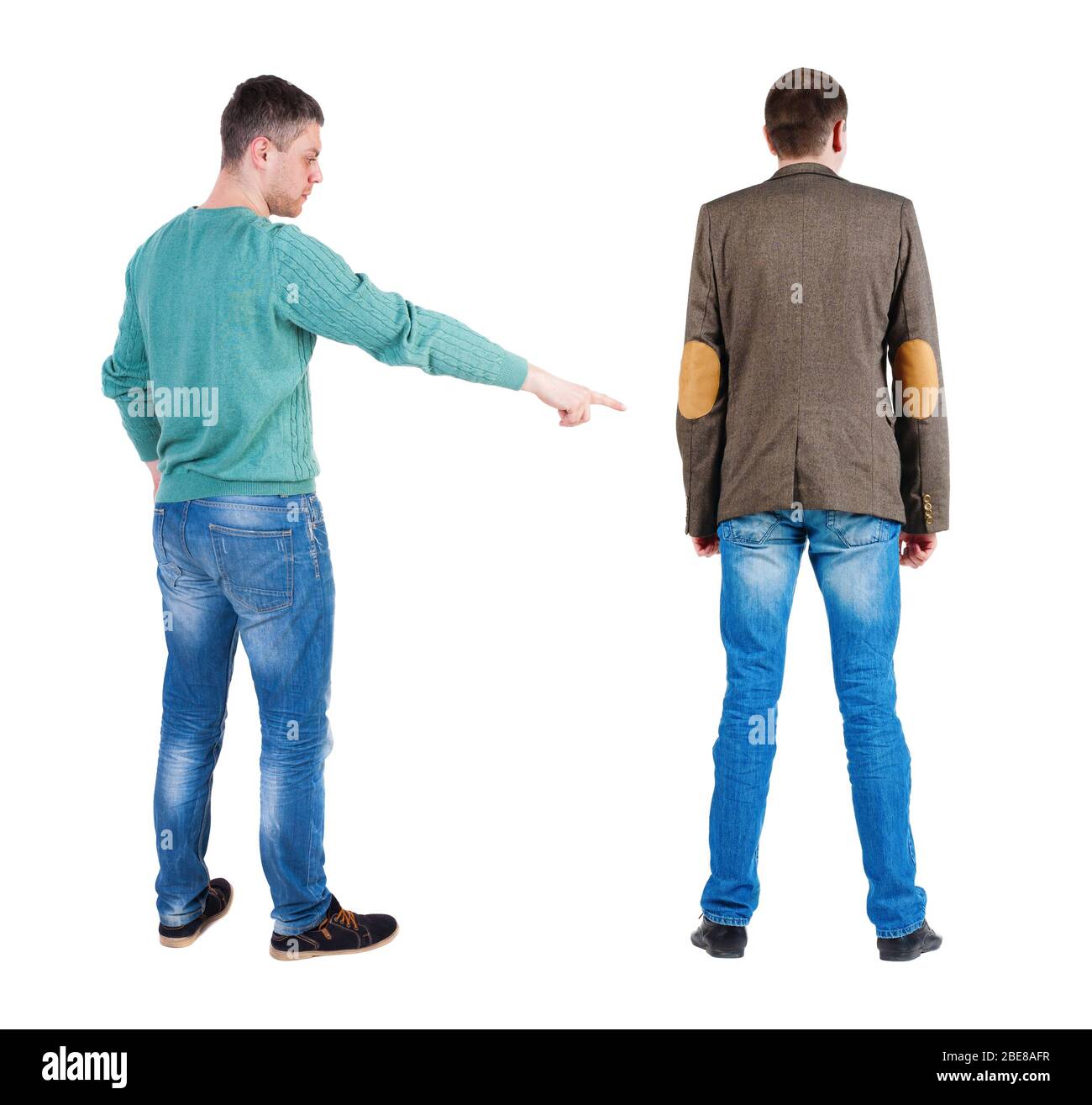 Back view of two man in sweater pointing. Rear view people collection ...