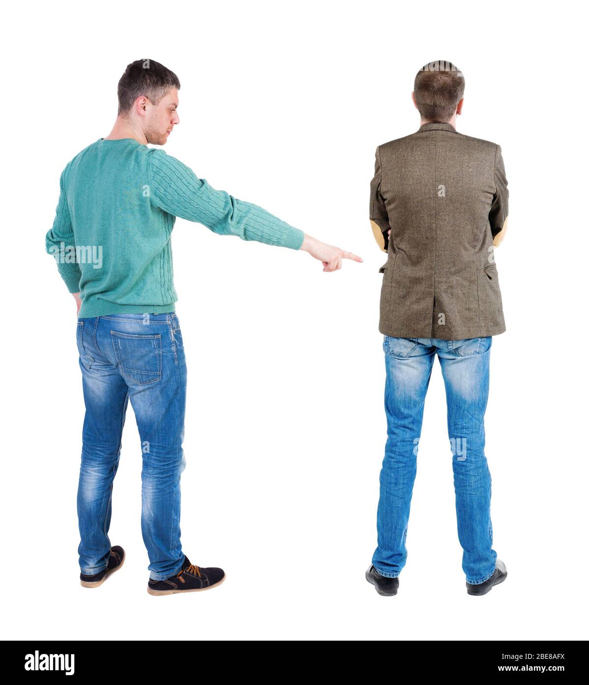 Back view of two man in sweater pointing. Rear view people collection ...