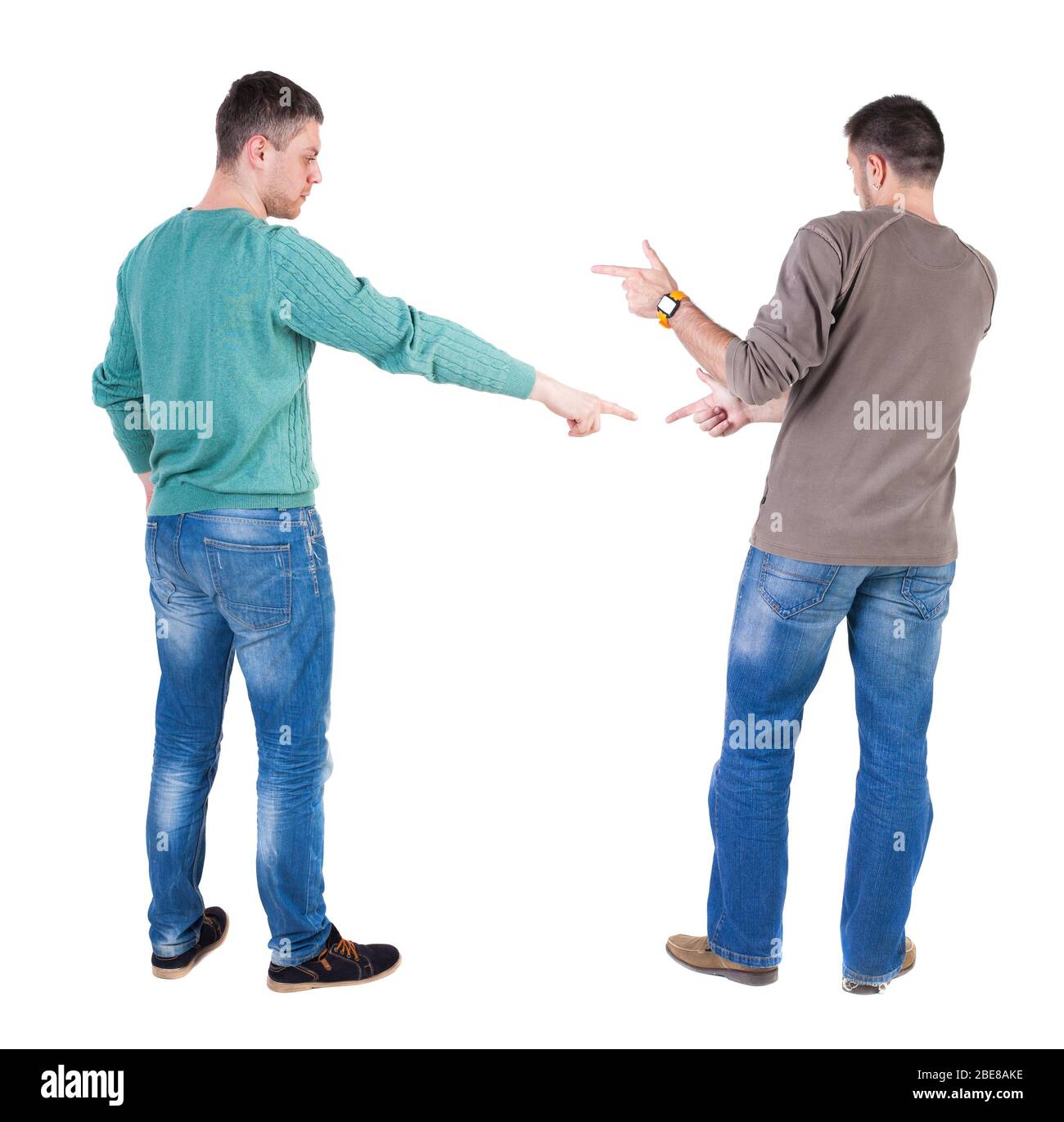 Back view of two man in sweater pointing. Rear view people collection ...
