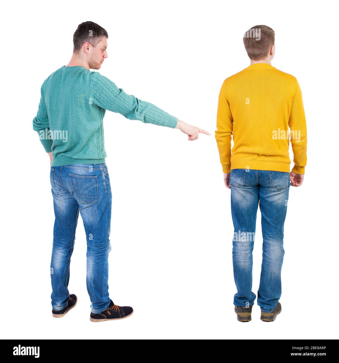 Back view of two man in sweater pointing. Rear view people collection ...