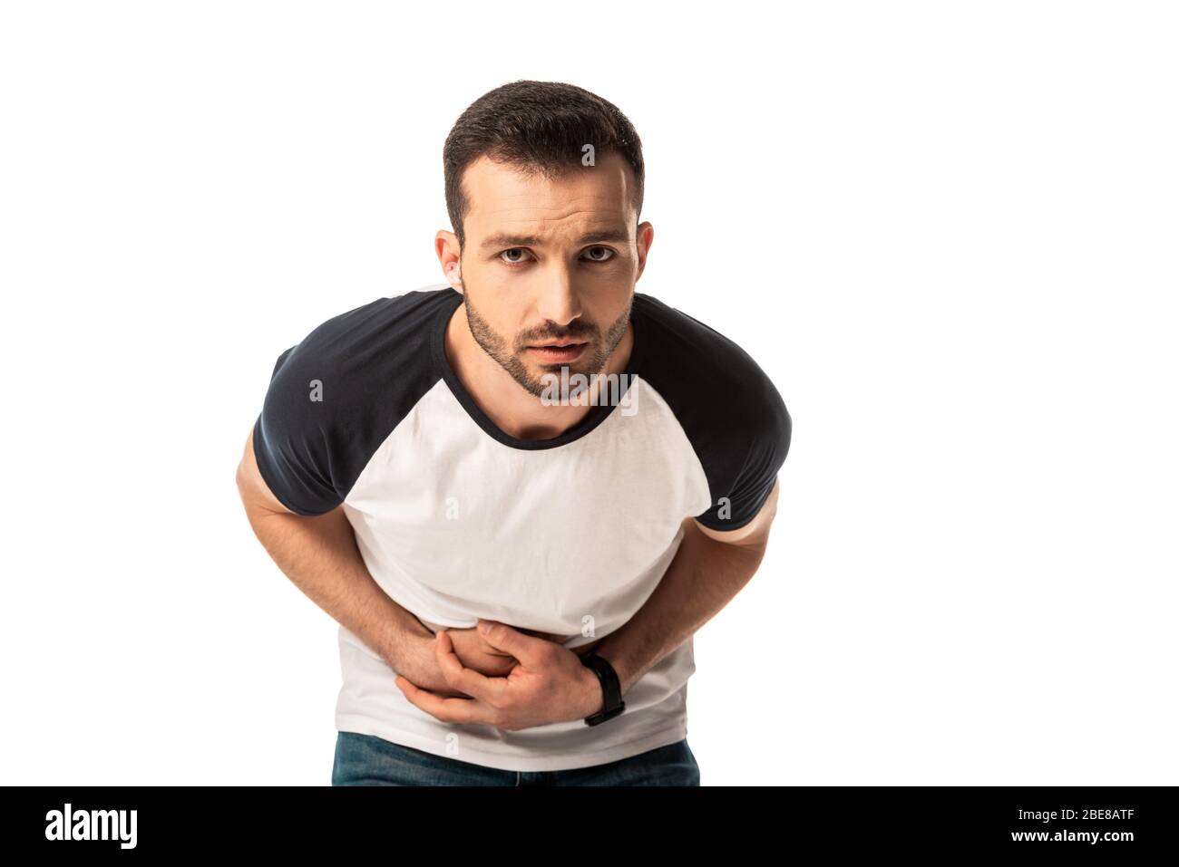 sick man touching stomach and having nausea isolated on white Stock ...