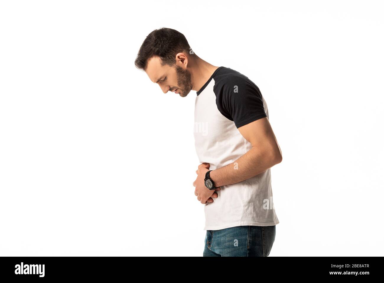 diseased man touching stomach while having nausea isolated on white ...