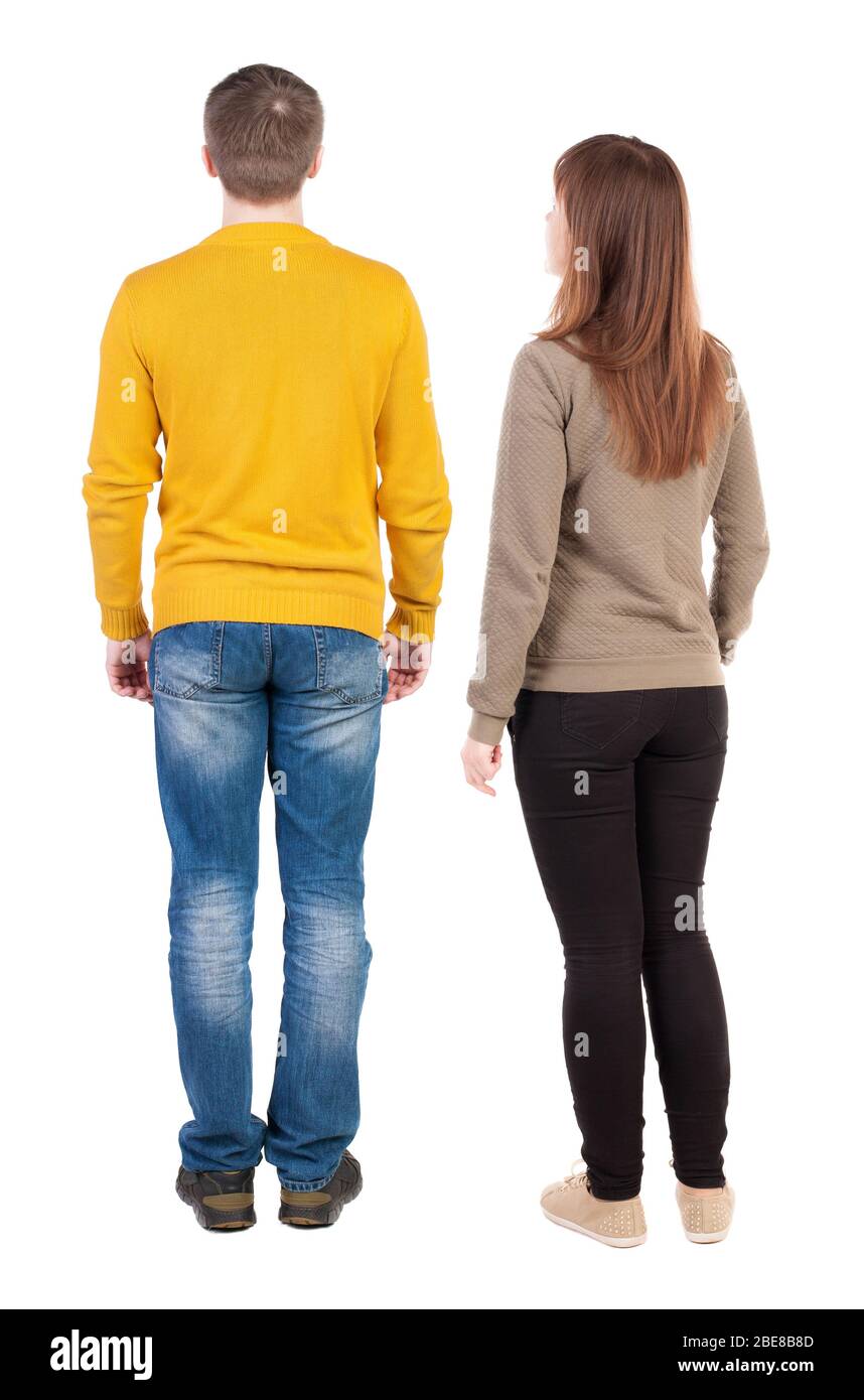 Back view couple in sweater. beautiful man and woman. Rear view people ...