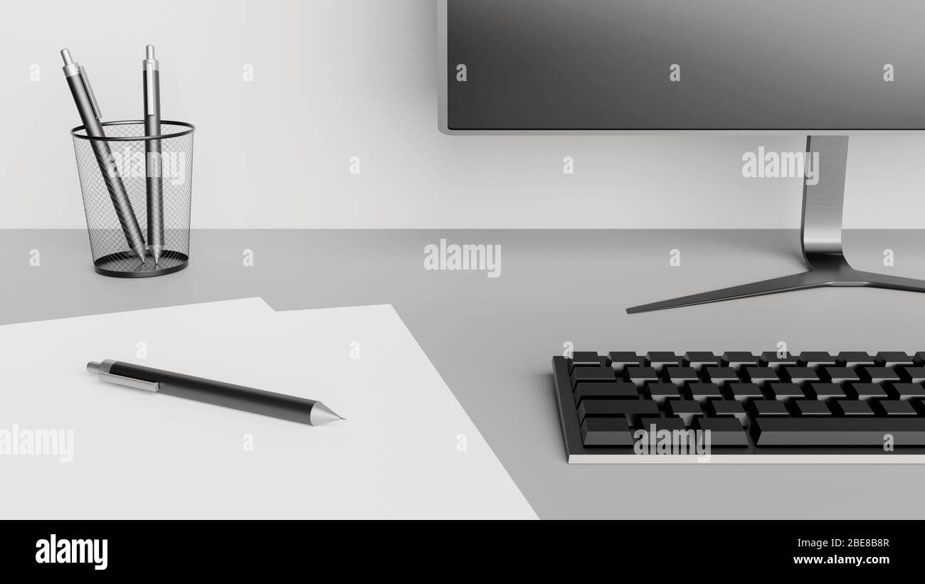 Desktop detail with a computer screen, keyboard, papers and pens. Home ...