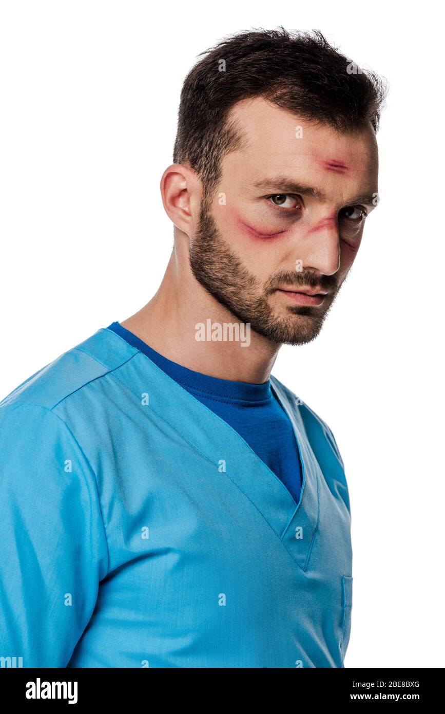 bearded doctor with marks on face isolated on white Stock Photo - Alamy