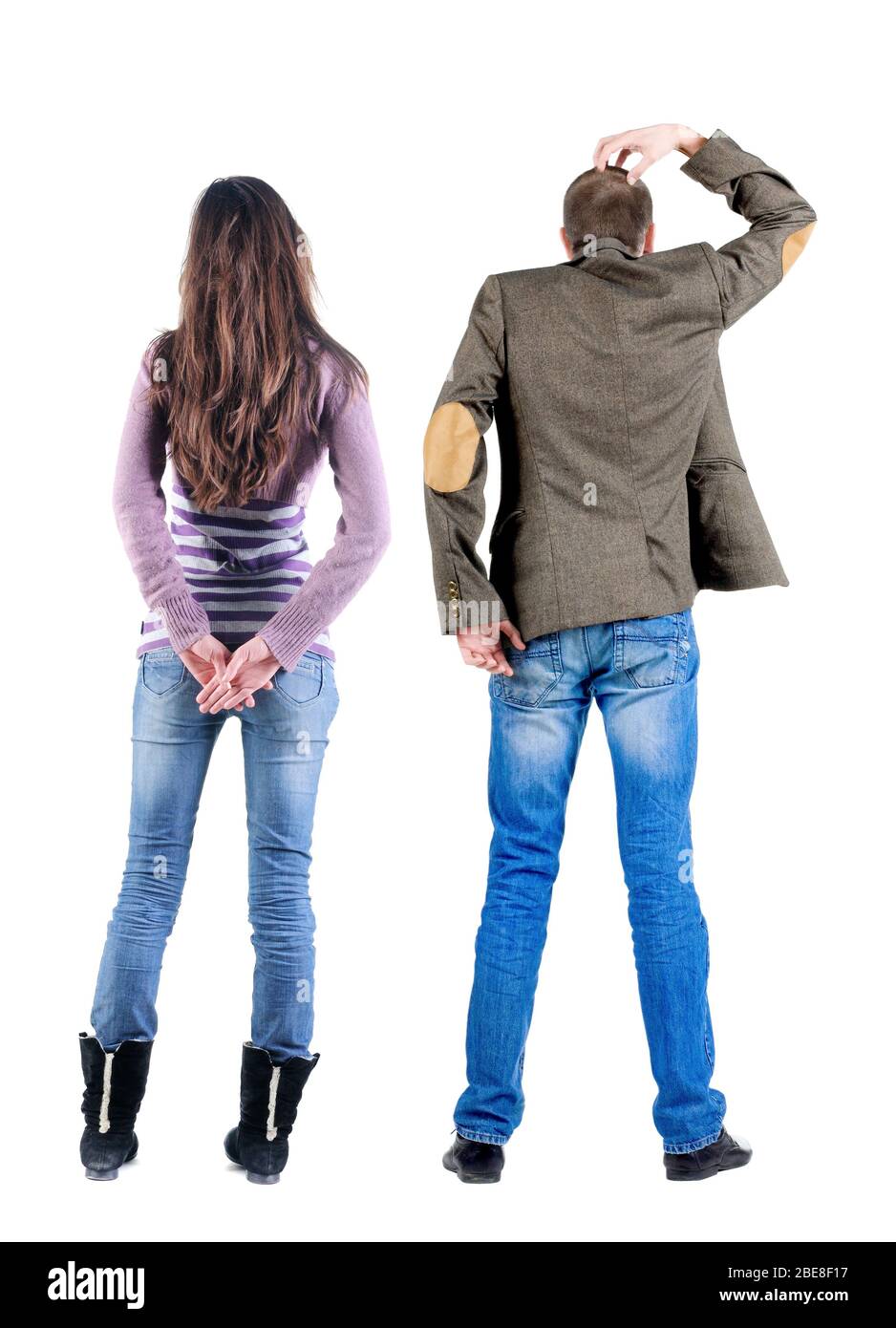 Back view couple in sweater. beautiful man and woman. Rear view people ...