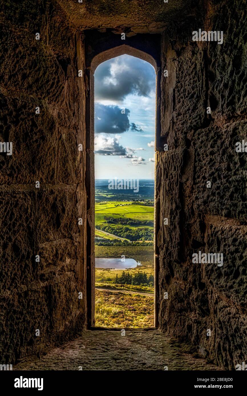 View from inside a narrow window in Jubilee Tower folly on Darwen Moors ...