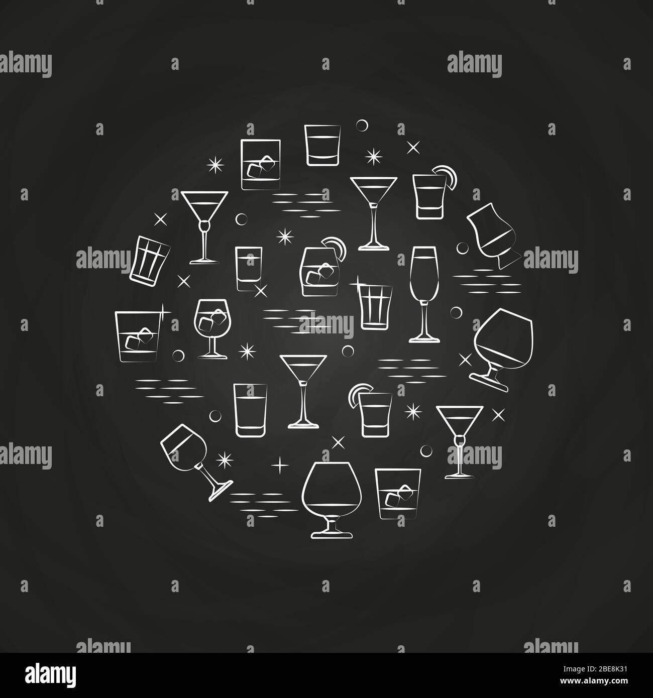 Alcoholic drinks icons on chalkboard - drinks circle concept. Vector ...