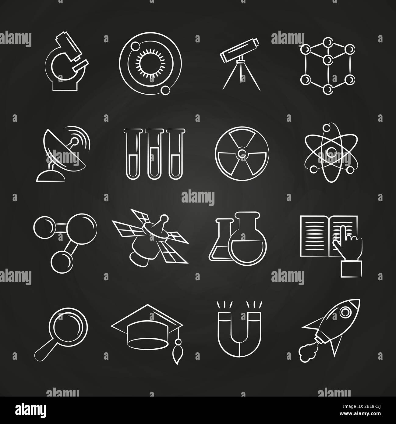 Science line icons set on chalkboard. School chemistry science, vector ... Science line icons set on chalkboard. School chemistry science, vector ...