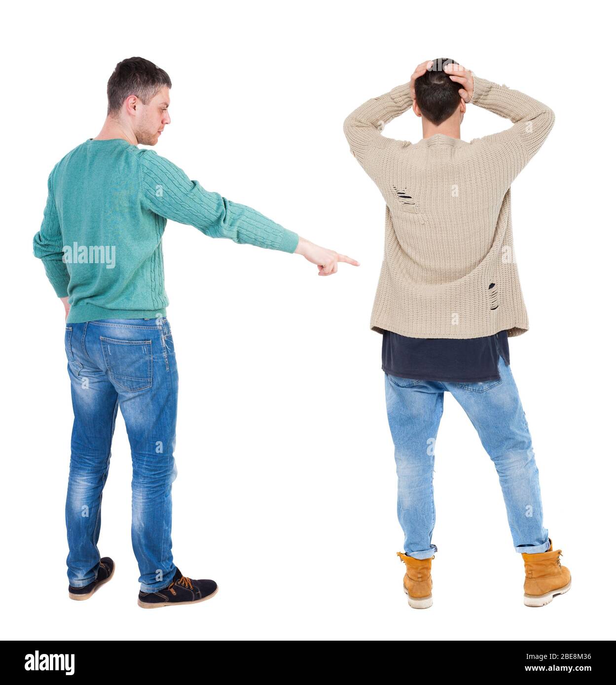 Back view of two man in sweater pointing. Rear view people collection ...
