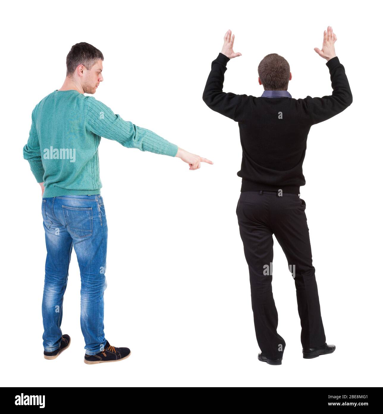Back view of two man in sweater pointing. Rear view people collection ...