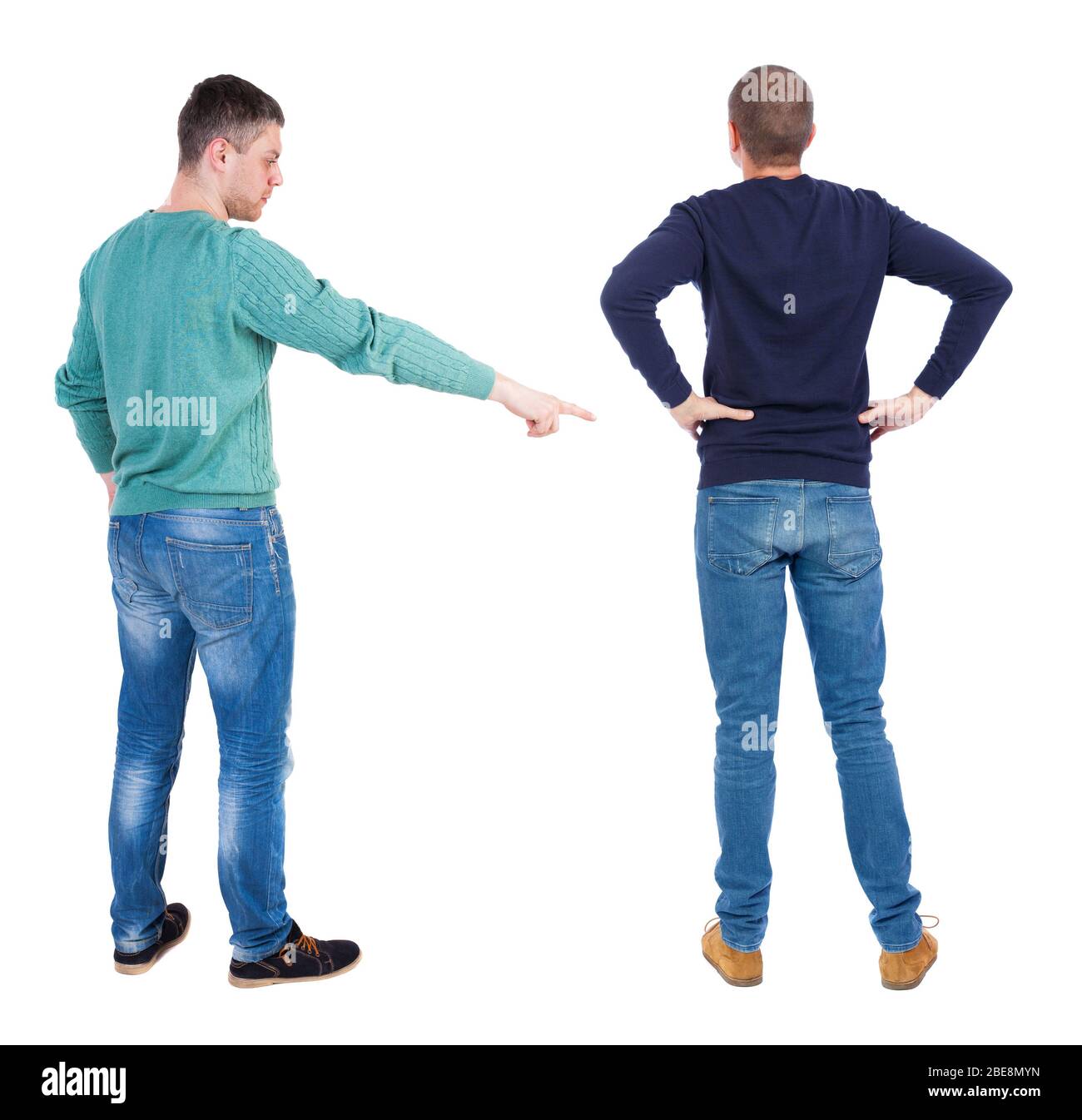 Back view of two man in sweater pointing. Rear view people collection ...