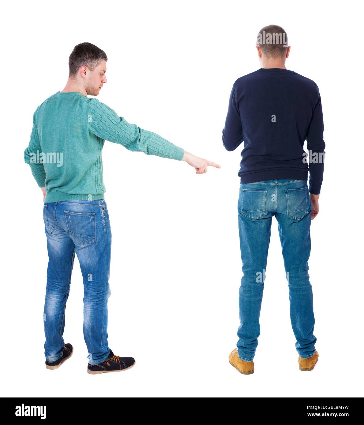 Back view of two man in sweater pointing. Rear view people collection ...