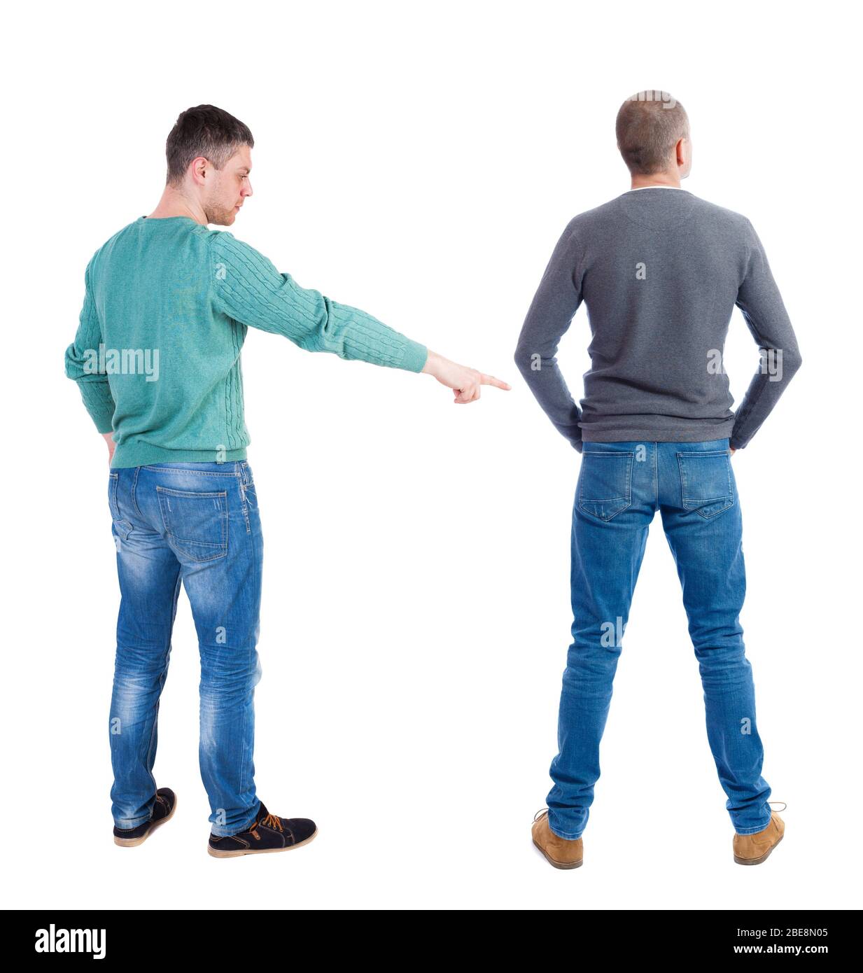 Back view of two man in sweater pointing. Rear view people collection ...