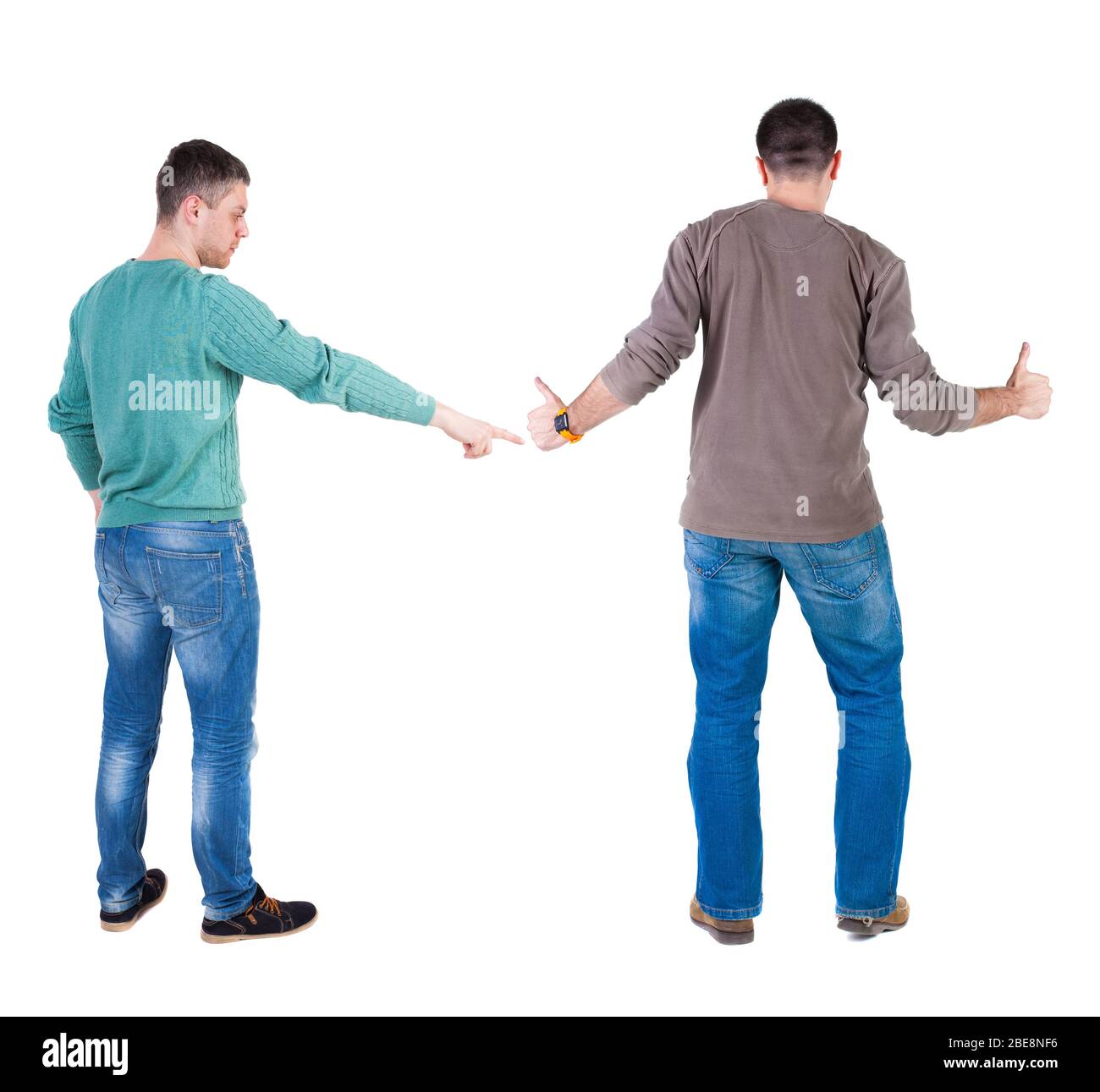 Back view of two man in sweater pointing. Rear view people collection ...