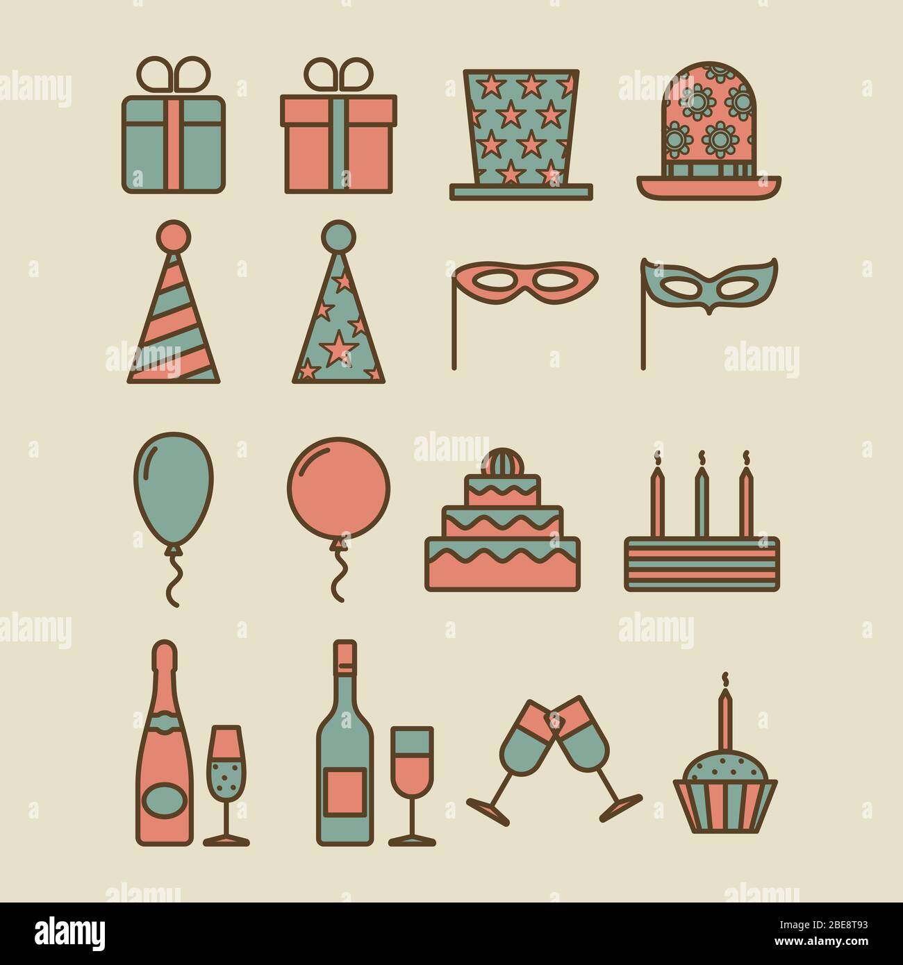Colorful vintage party icons. Gift box and mask, balloon and cake retro ...