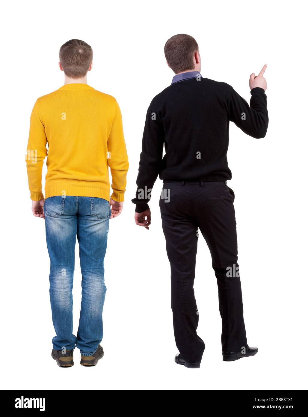 Back view of two man in sweater pointing. Rear view people collection ...