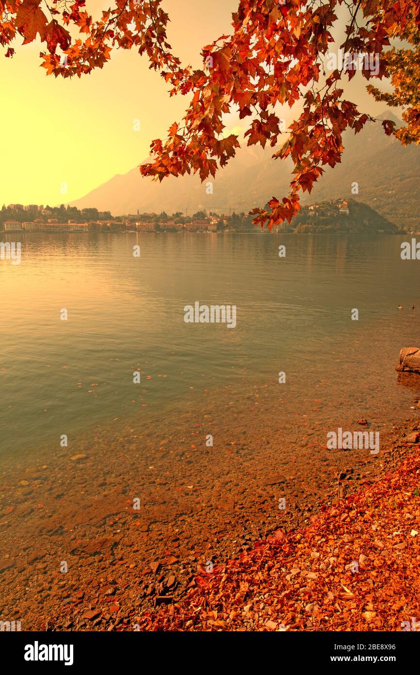 Como lake beautifull autumn (fall) landscape in Italy. Colorful red ...