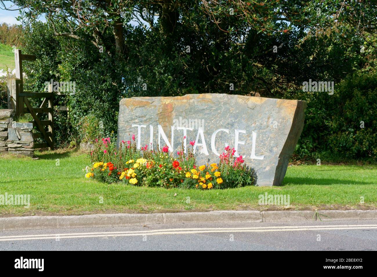 Sign for entering North Cornish Village of Tintagel Stock Photo - Alamy