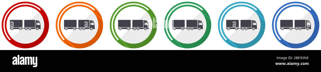 Truck with long semi trailer icon set, transport flat design vector ...