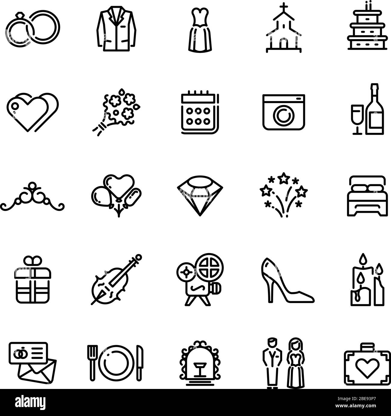 Romance wedding celebration and love in marriage vector line icons ...