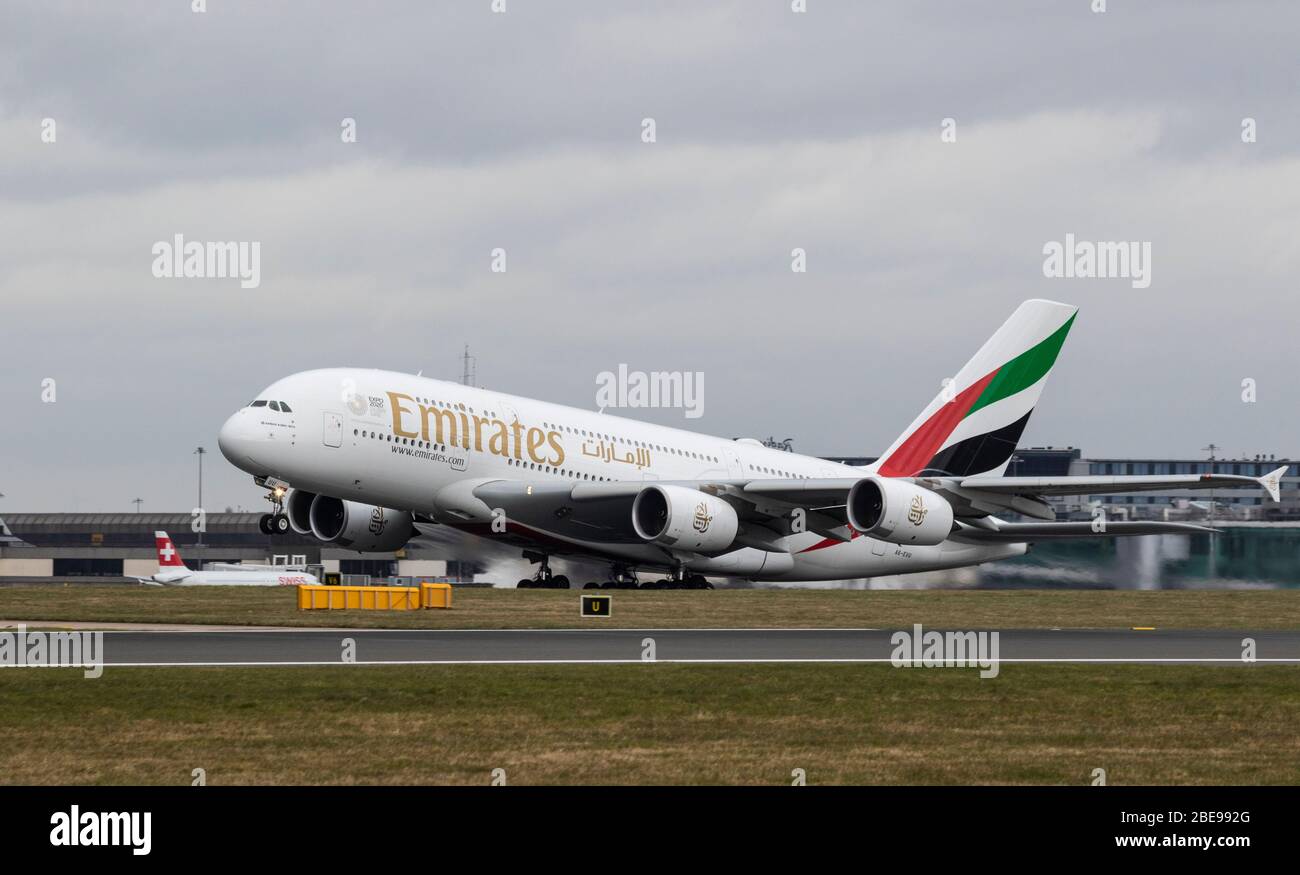 Emirates A380 Take off Manchester Stock Photo - Alamy