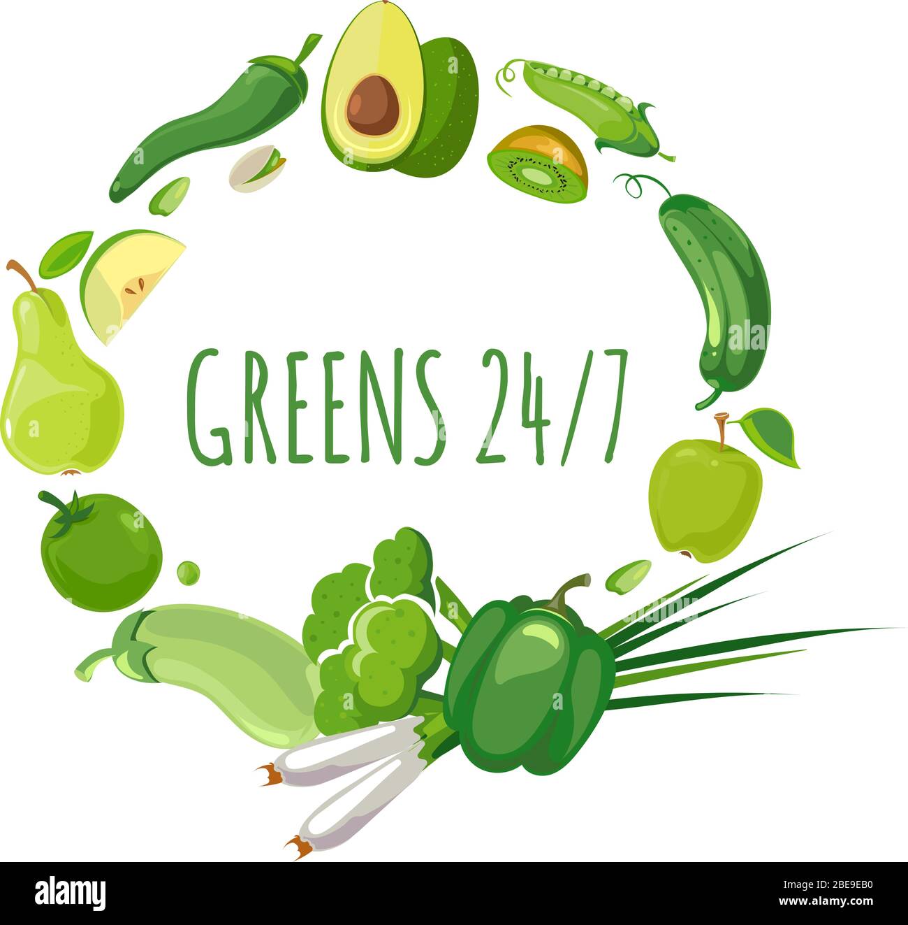 Round shape with green vegetables and fruits. Round badge food. Vector ...