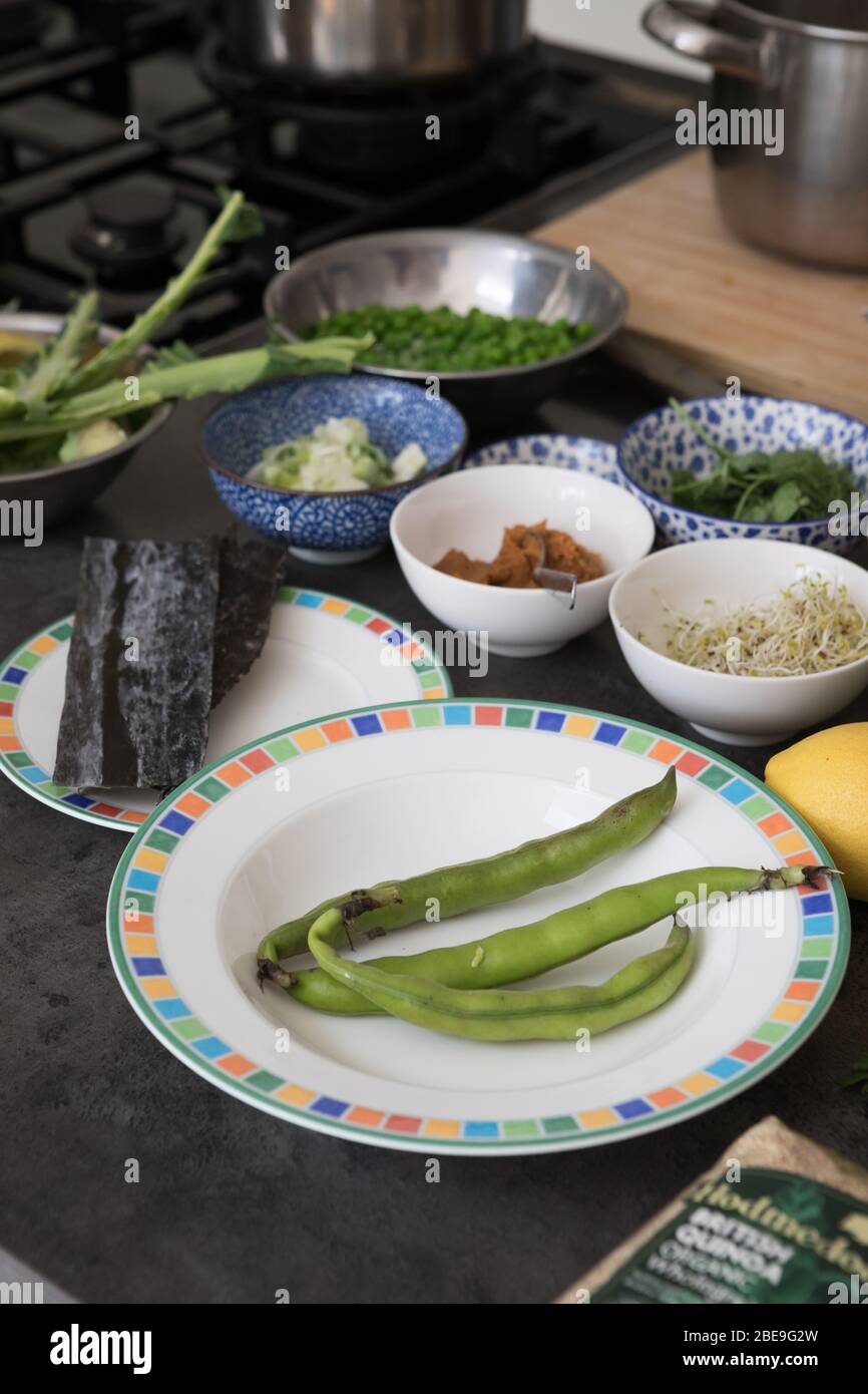Healthy cooking ingredients, broad beans, wakame, sprouts arranged on a ...