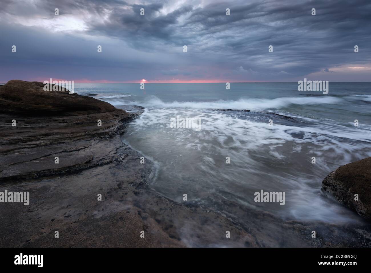 Seascape during sunrise. Beautiful natural seascape, blue hour. Sea ...