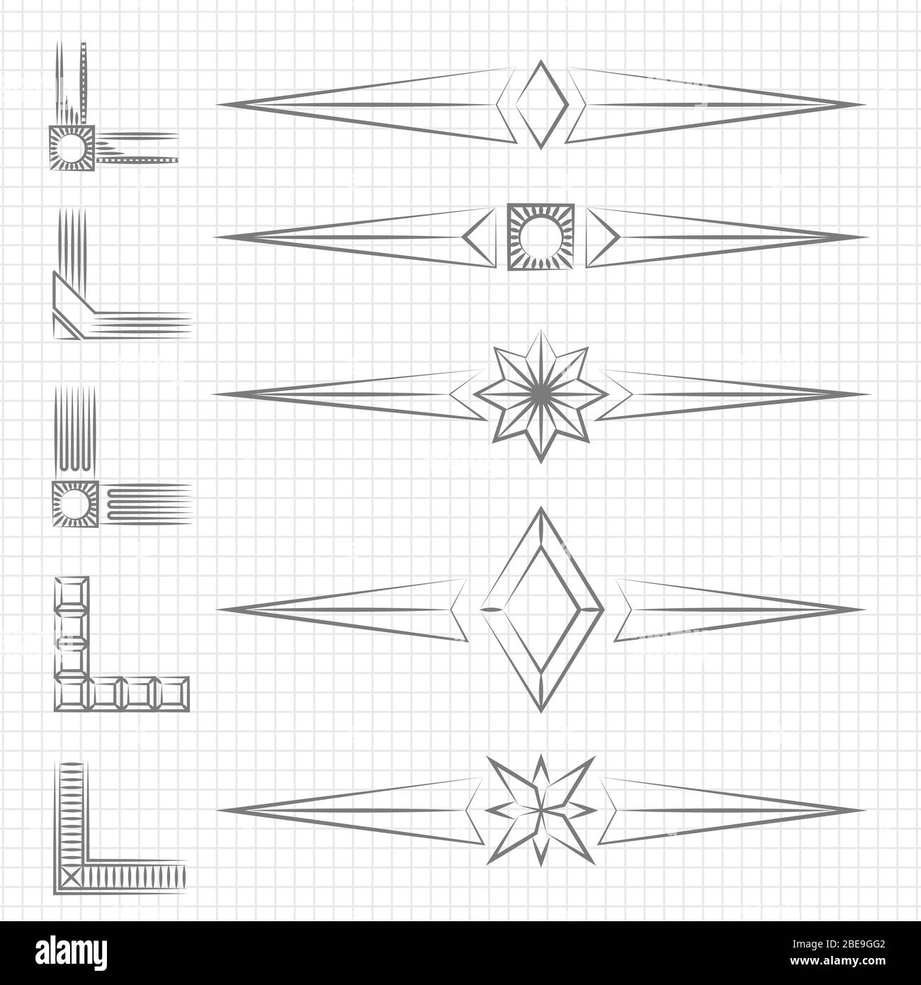 Vintage thin line shapes and corners collection on notebook page ...