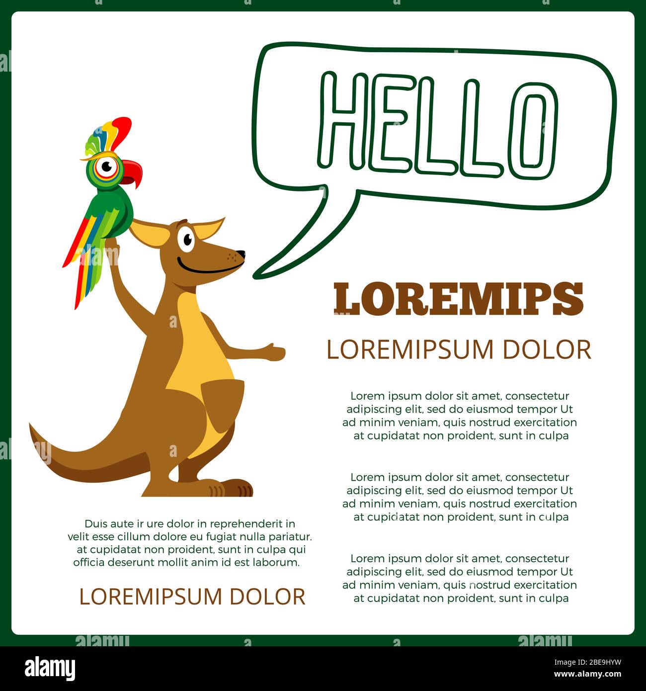 Children info poster with cartoon cangaroo parrot and bubble speech ...