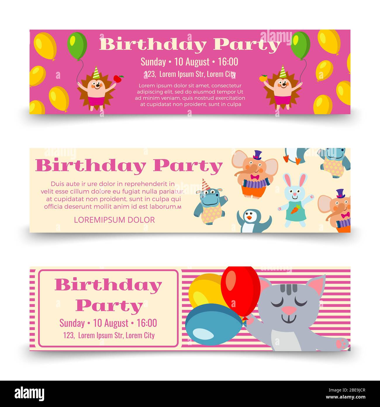 Birthday party horizontal banners template with cute cartoon animals ...