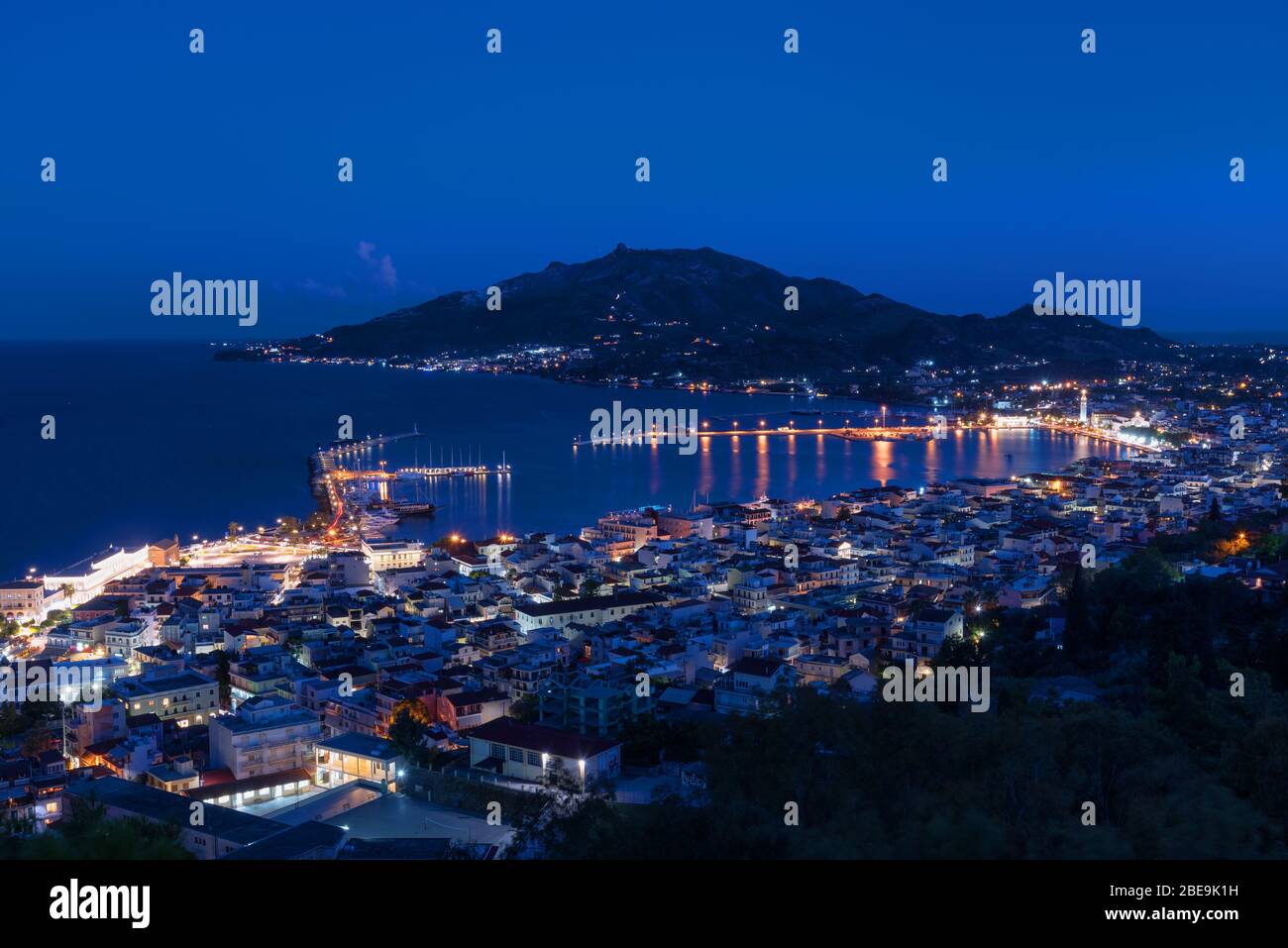 Aerial night view of Zakynthos Zante town. Beautiful cityscape panorama ...