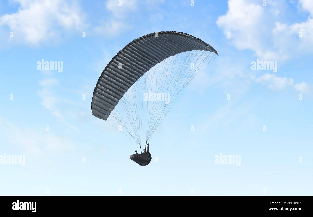 Blank black paraglider with person in harness mockup, sky background ...