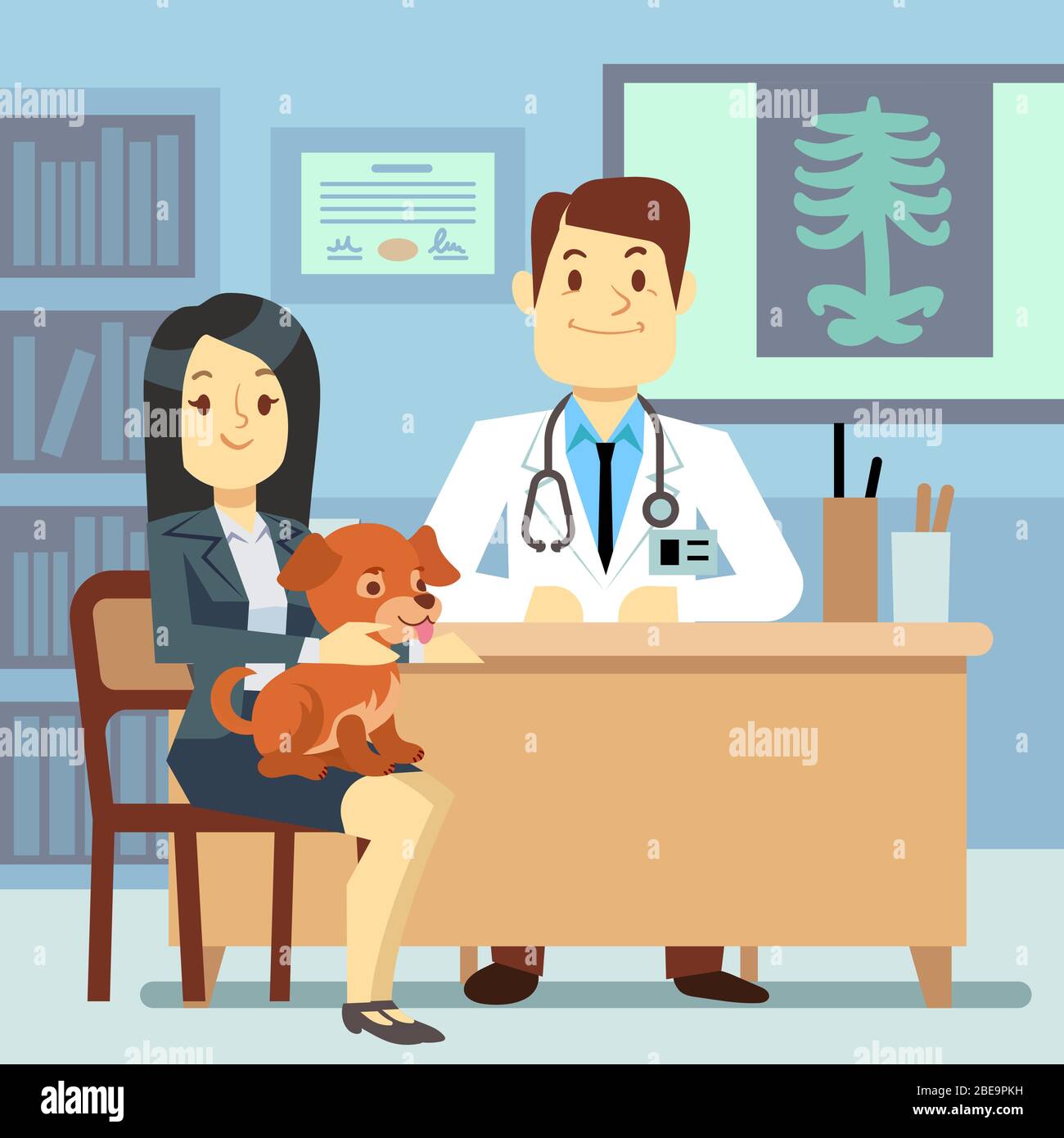 Veterinary office - woman with dog and veterinarian. Doctor clinic with ...