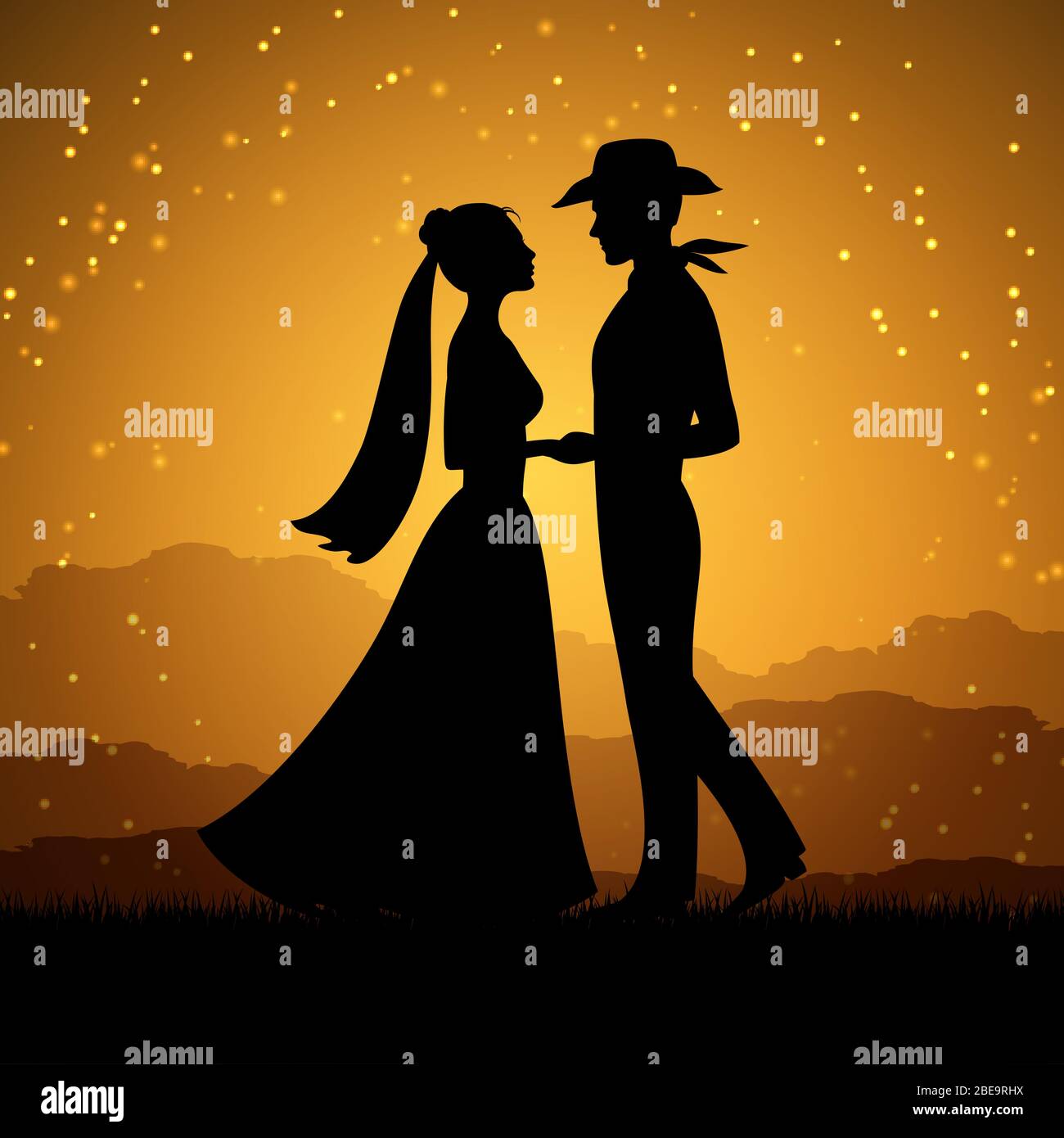 Silhouettes of young woman and cowboy man. Love couple, vector ...