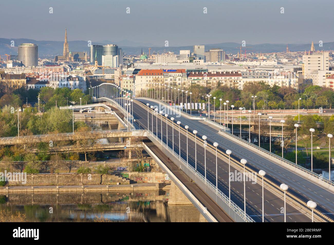 Wien, Vienna: bridge Reichsbrücke with no car due to Corona crisis ...