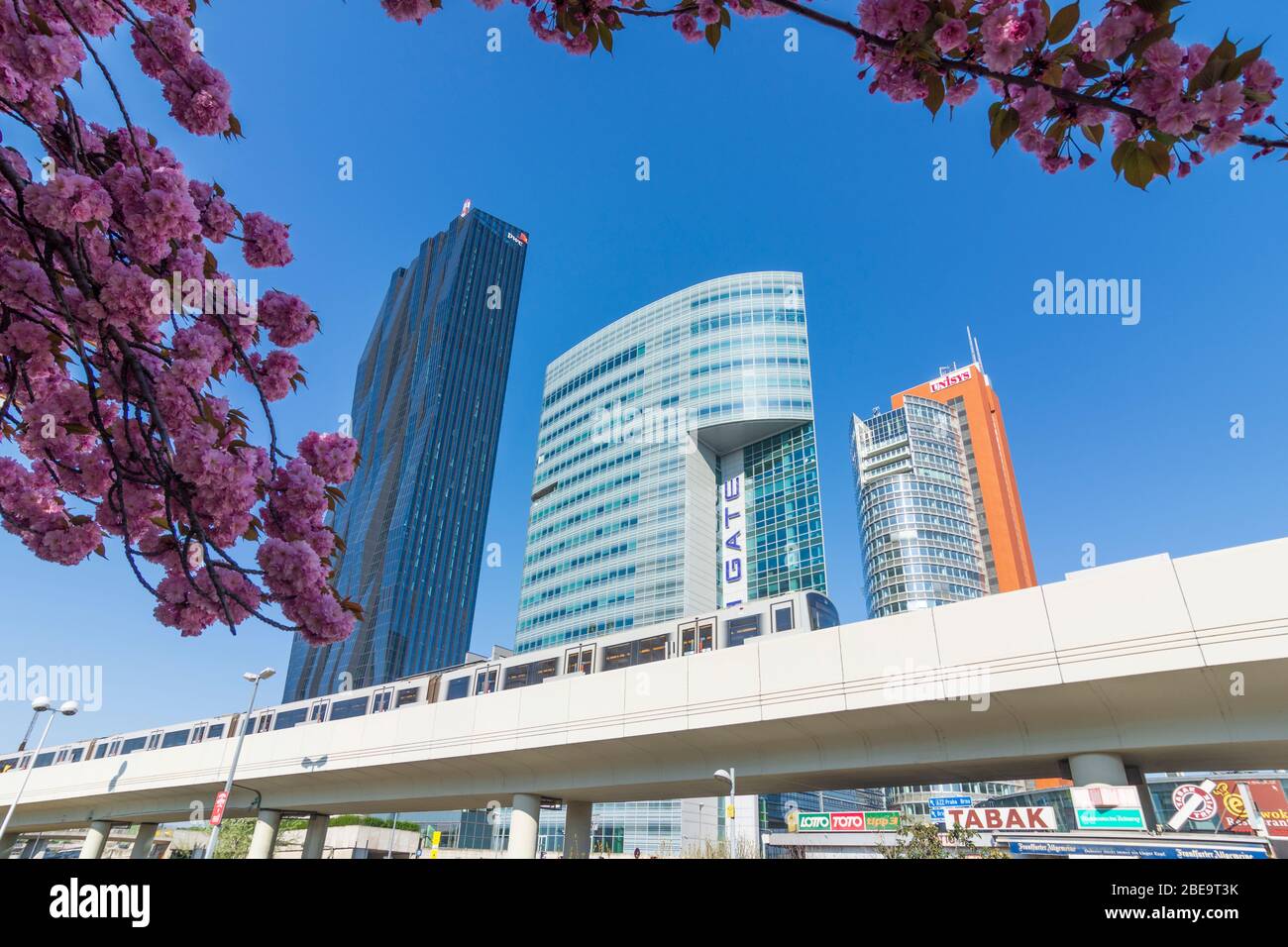 Wien, Vienna: DC Tower 1, Tech Gate office building, train subway line ...