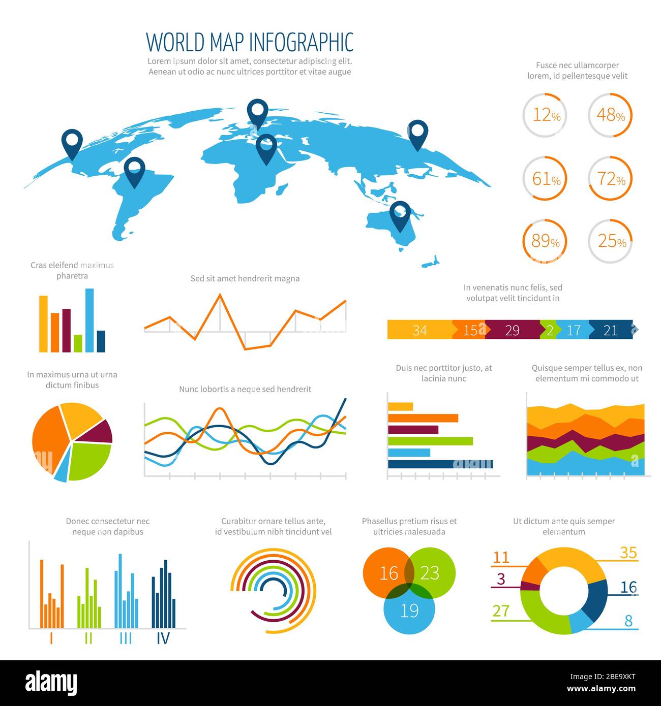 Modern infographic vector template with 3d world map and charts ...