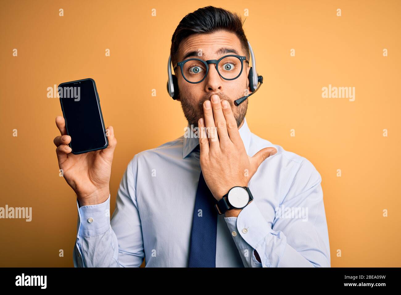 Business operator man with customer service headset from call center ...