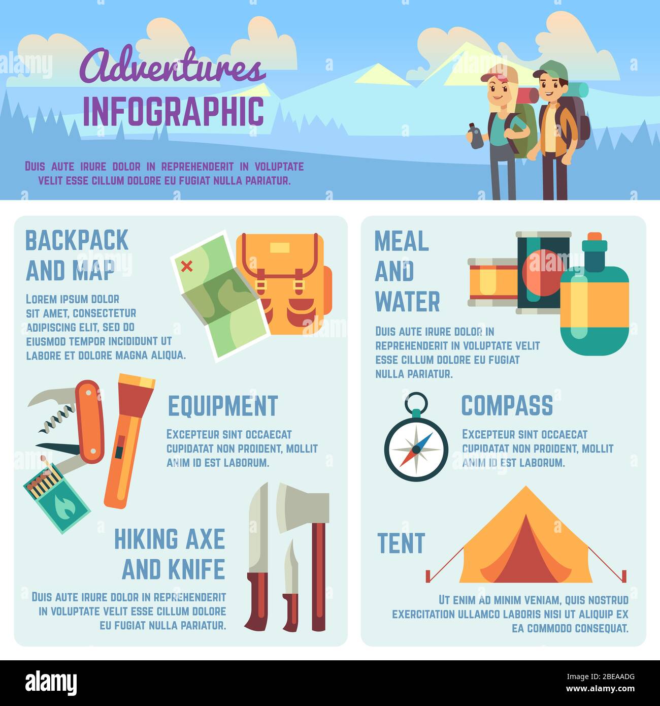 Outdoors adventure vector infographics with hiking and climbing ...