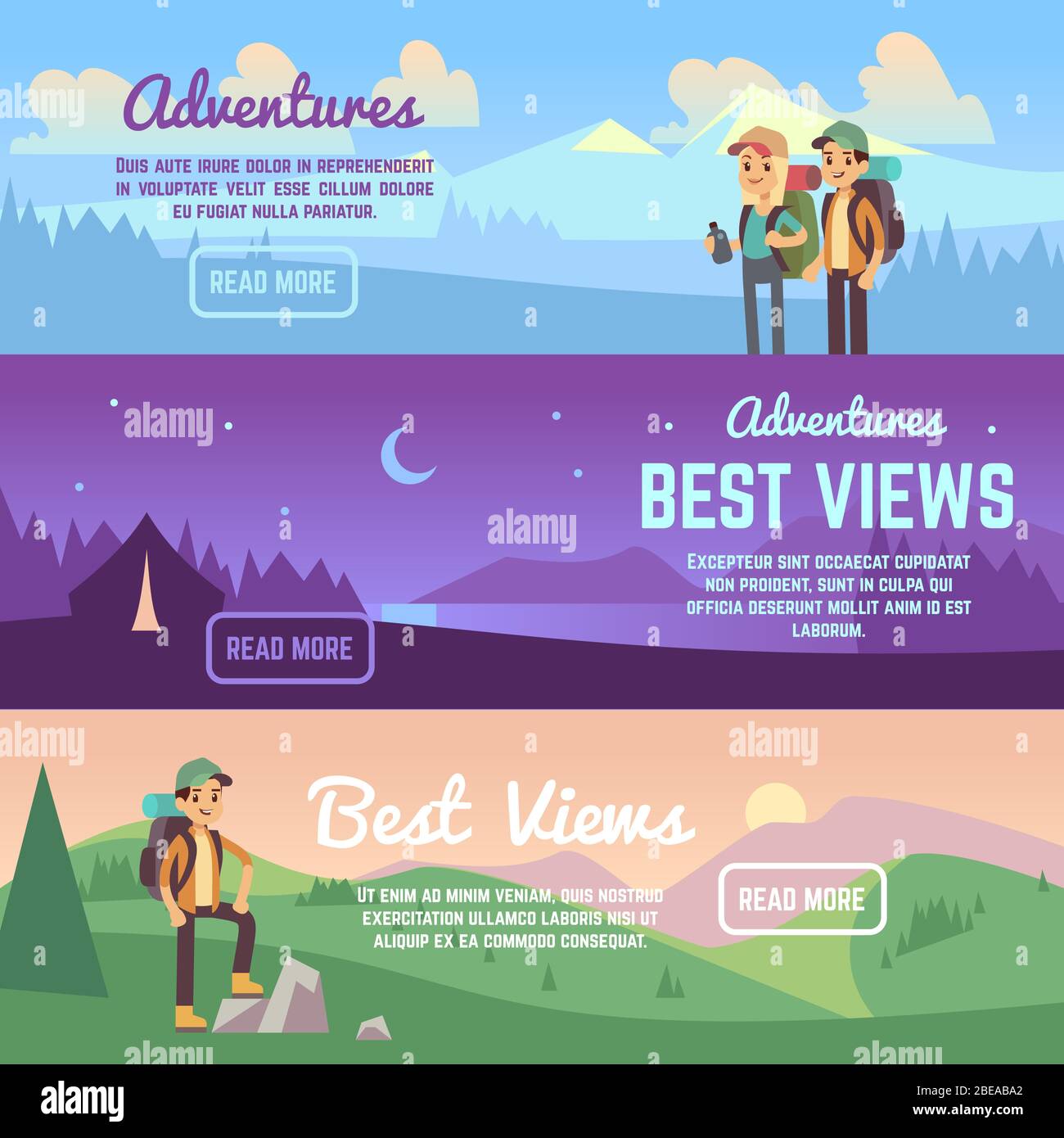 Climbing, trekking and hiking vector horizontal banners set. Active ...