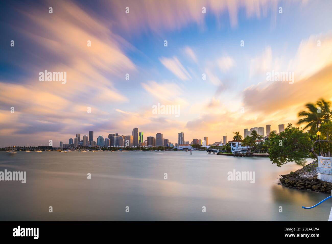Miami, Florida, USA downtown skyline from across the Biscayne Bay at ...