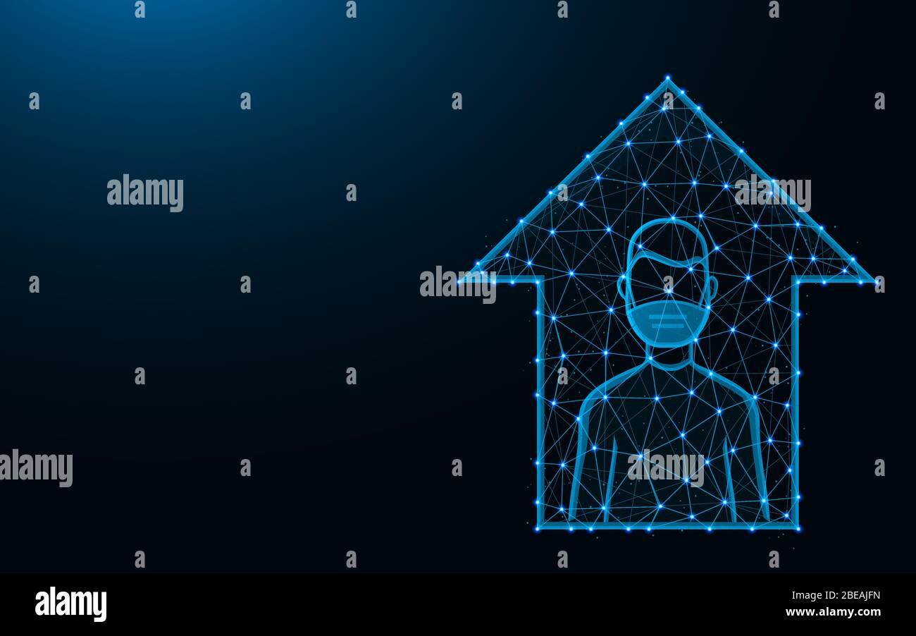 Home quarantine made from points and lines on dark blue background ...