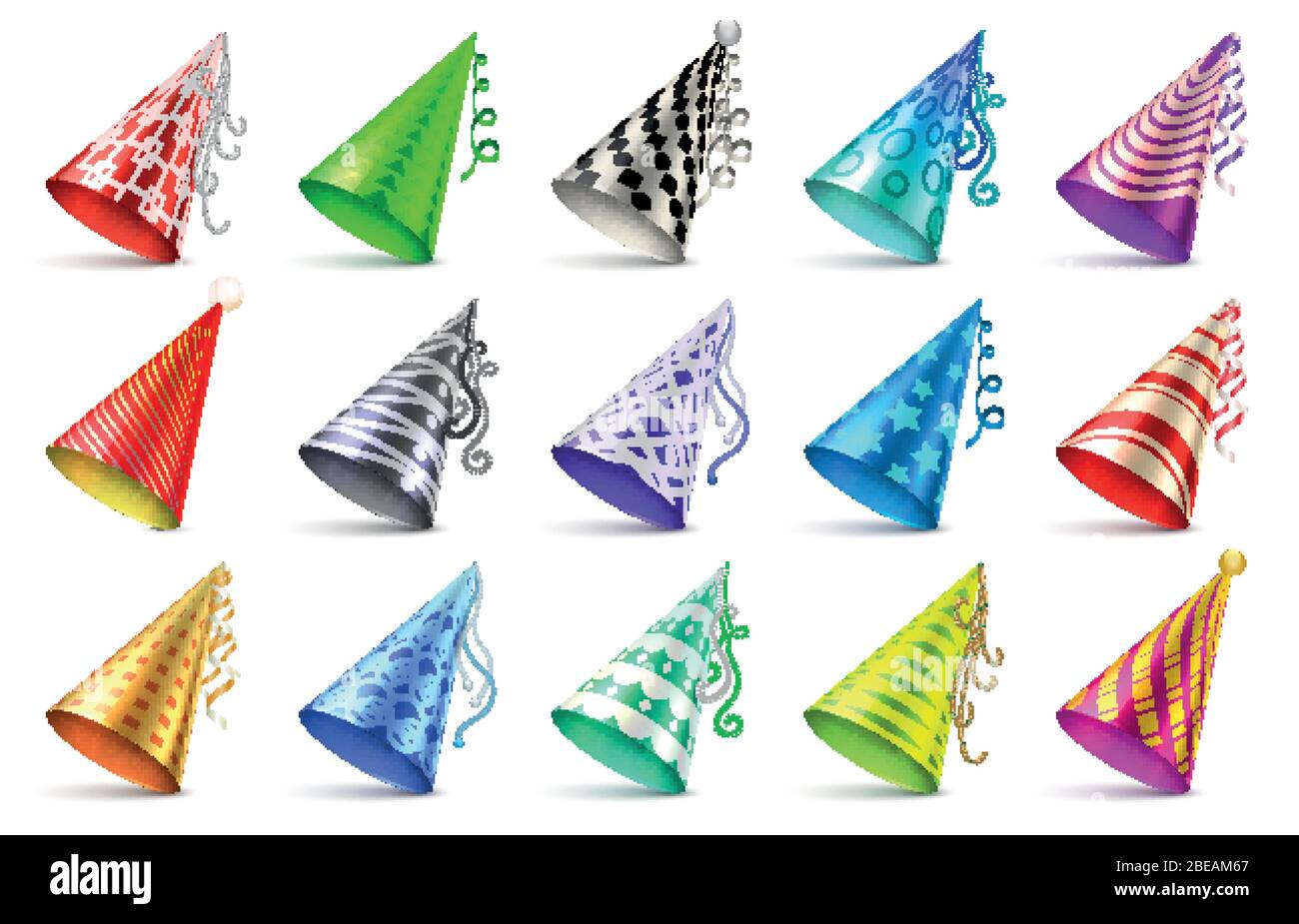 Cone paper hat with birthday decoration elements. Party caps isolated ...