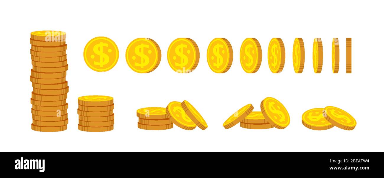 Coin stack flat cartoon set. Gold coins pile heap, bank currency sign. Pennies turn around ...